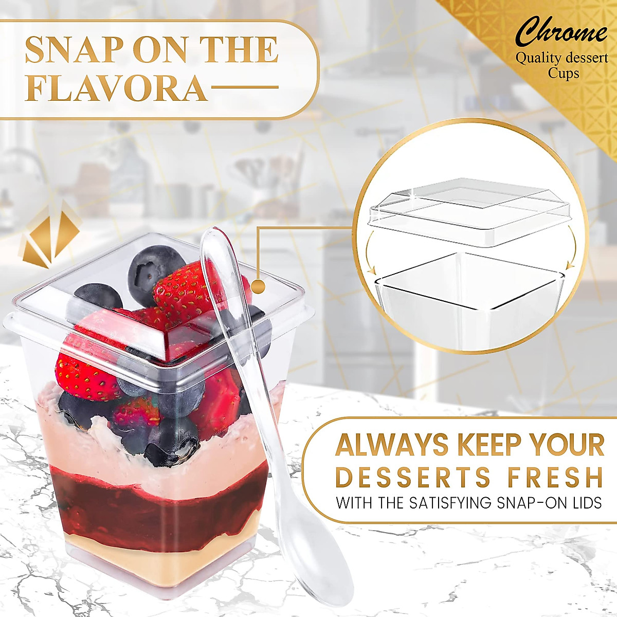 Chrome 50Pack 5oz Plastic Dessert Cups with Lids & Spoons - Ice cream Cups with Stickers, Serving Fruit Trifle Mousse Pudding and More (5oz/ 150ml)