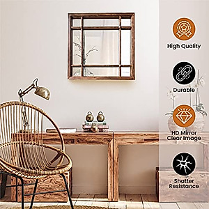 Hansen Home Brown Wooden Frame Square Decorative Farmhouse Wall Mirror - Bathroom/Bedroom/Entryway/Livingroom Accent Piece - 16"x16" Hanging Mirror with Windowpane Details