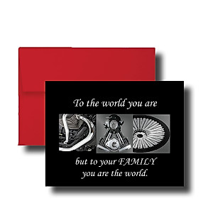 Motorcycle Fathers Day Card, To the world you are DAD, but to your FAMILY you are the world, 5" x 7" FLAT CARD-Back Side is BLANK, Daddy 9 color choices for envelope, Biker Dad, Letter Art