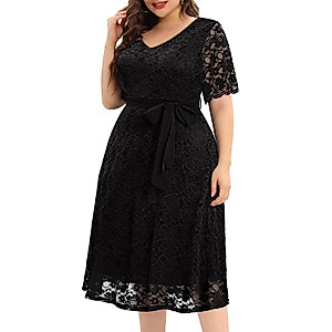 Plus Size Dresses Wedding Guest Cocktail Little Black Women Semi Formal Party Graduation Summer Lace Funeral V Neck Midi