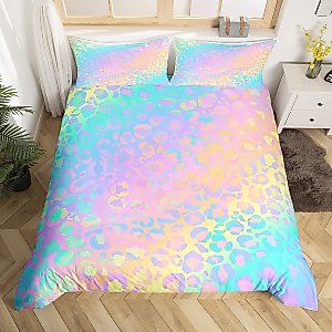 Castle Fairy Rainbow Leopard Duvet Cover for Boys,Girls Girly Colorful Glitter Comforter Cover Full Size,Cheetah Print Bedding Set Kids Teen Room Decor Bed Cover,Animal Bedclothes with Zipper