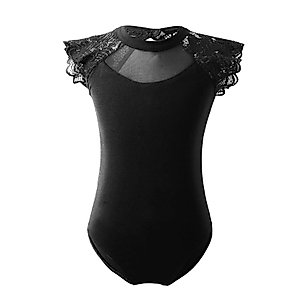 Jizyo Girls Sleeveless Lace Splice Gymnastics Ballet Dance Leotard One-Piece Unitard Biketard Bodysuit Ballerina Dancewear Black 9-10 Years