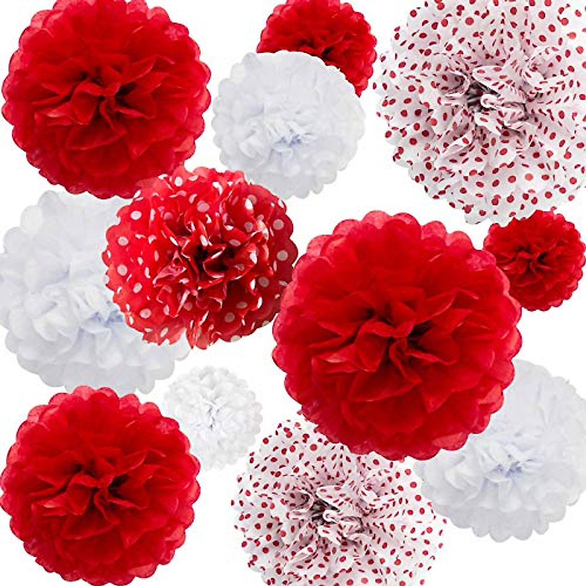 ANSOMO Red Tissue Paper Pom Poms Flowers Wall Hanging Party Decorations 12" 10" 8" 6" Pack of 12, Red & White