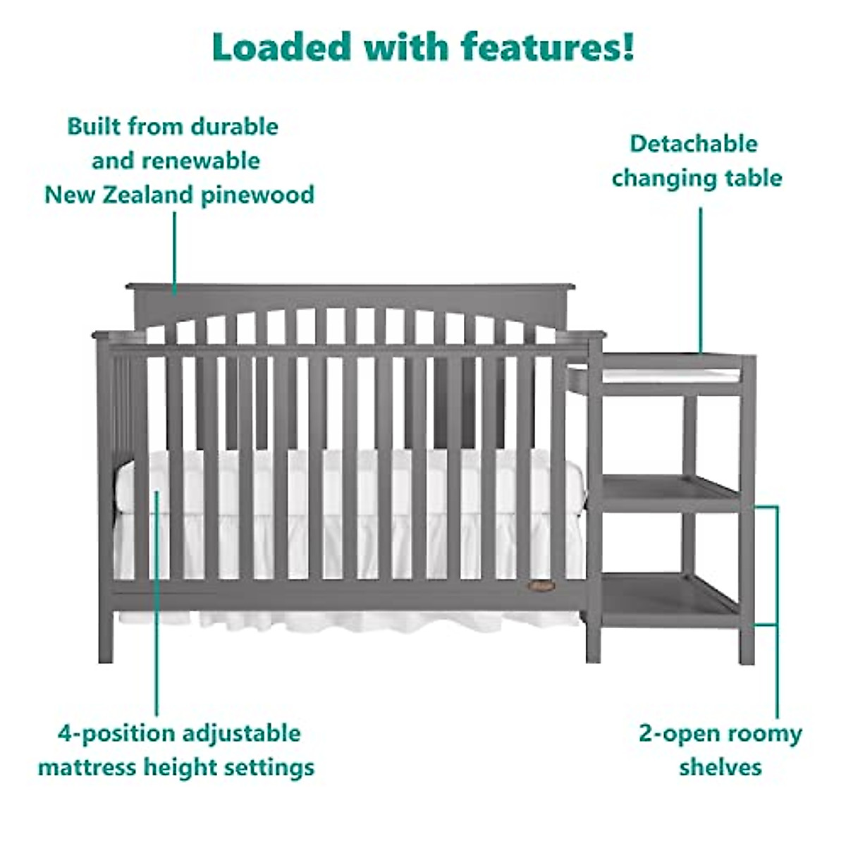 Dream On Me Chloe 5 in 1 Convertible Crib with Changer, Storm Grey