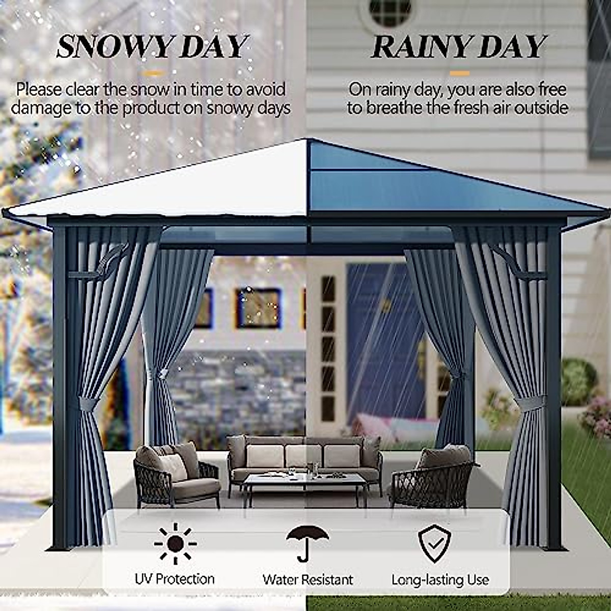 GARTOO 10'x10' Hardtop Gazebo, Outdoor Gazebo with Translucent Roof, Polycarbonate Top Aluminum Frame Garden Tent with Breathable Mesh and Privacy Curtains for Patio Lawn Garden Backyard, Gray
