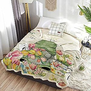 Possta Decor Sherpa Fleece Throw Blankets,Easter Gnome Spring Pink Tulip Floral Mother's Day Soft Warm Fleece Reversible Blanket,Dwarf Flower Plant Cozy Throws for Living Room Sofa,Couch,Bed 40x50In