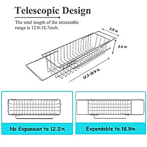 Kitchen Sink Caddy Sponge Holder, Kitchen Sink Caddy Expandable with Dish Cloth Hanger, Stainless Steel Kitchen Sink Organizer Drying Rack Basket, No Drilling