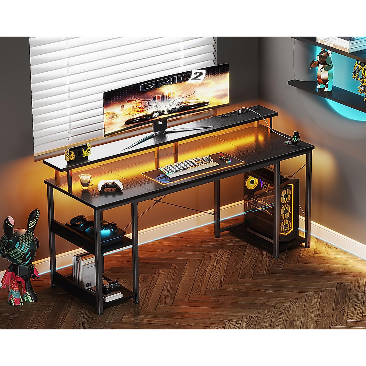 ODK 63 inch Computer Desk with Power Outlets & LED Lights, Gaming Desk with Monitor Stand & Storage Sheves, Home Office Desk, Black