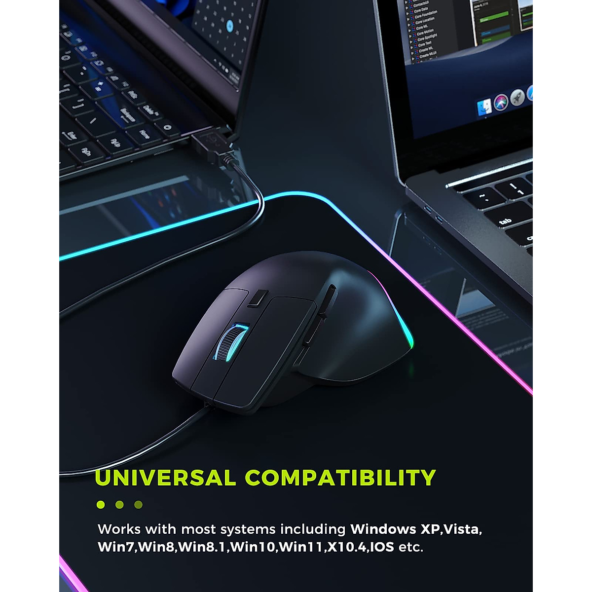 Wired RGB Mouse for Laptop, Ergonomic Computer Mouse, Quiet Click, 4-Level DPI, 7 Buttons, LED Light with Thumb Rest Mouse Compatible for PC/Desktop/Notebook/MAC/Gamer(for Right Hand, Large), Black