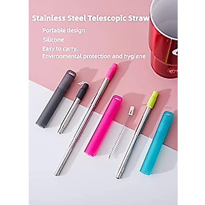 Metal Reusable Straws, 3 Pack Collapsible Portable Stainless Steel Straws, with Plastic Housing Silicone Tips and Cleaning Brush, Retractable Portable Pocket Drinking Straws