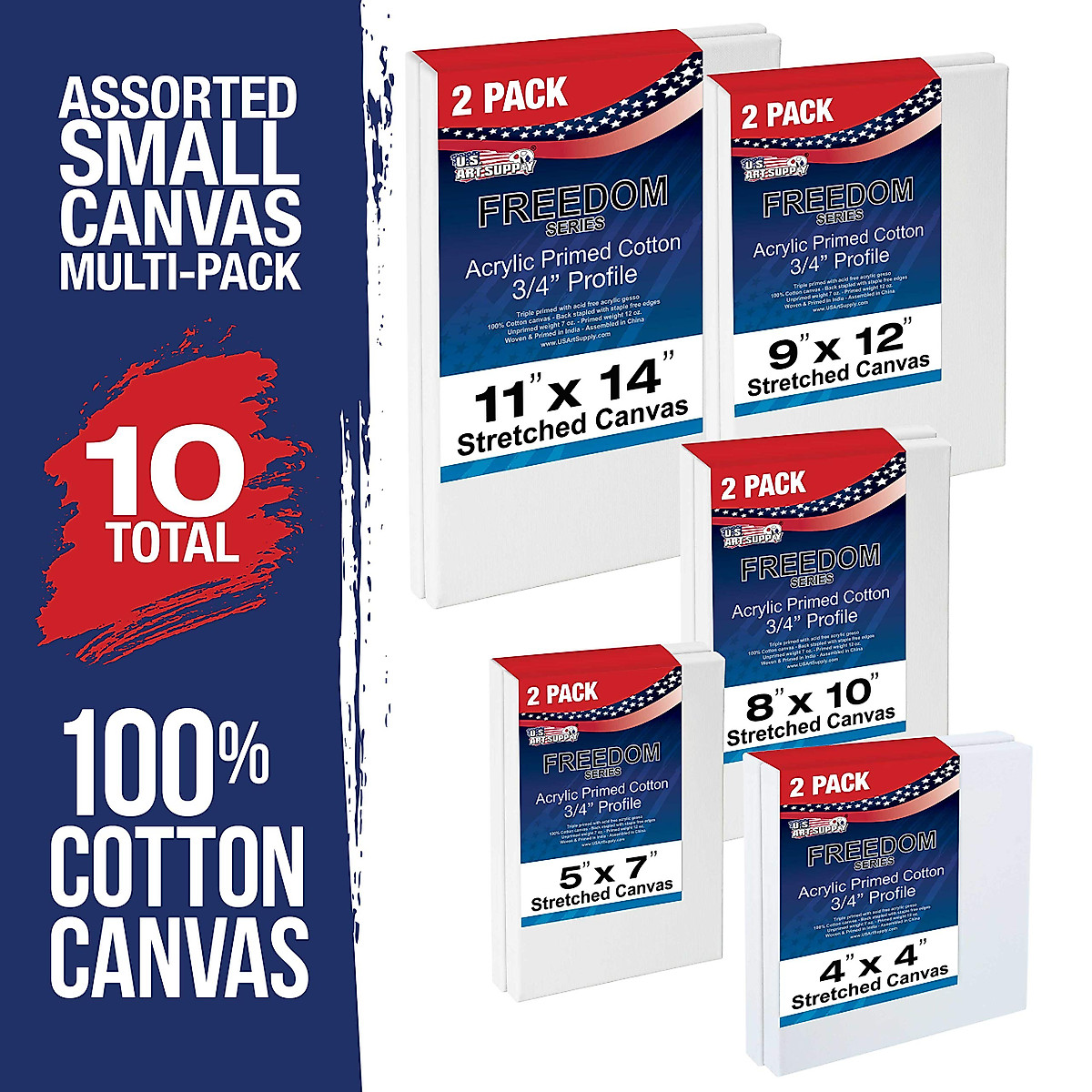U.S. Art Supply Professional Quality Stretched Canvas, Pack of 5 Rectangular Sizes, 1 Each 5x7, 8x10, 11x14, 14x18, 18x24 Inches - 12-Ounce Primed, 3/4", 100% Cotton - Painting, Acrylic Pouring, Oil