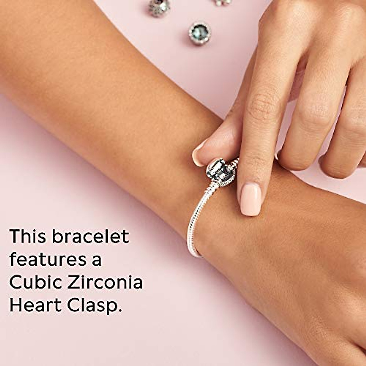 Pandora Jewelry Moments Sparkling Heart Clasp Snake Chain Charm Cubic Zirconia Bracelet in Sterling Silver, 7.1"