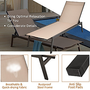 Tangkula Outdoor Chaise Lounge Chair, 6-Position Adjustable Reclining Chair with Breathable Fabric and Heavy Duty Steel Frame, Patio Lounge Chair for Garden, Backyard and Poolside (1, Brown)