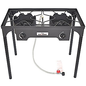 COOKAMP High Pressure Double Propane Burner Outdoor Camping Stove with 0-20 PSI Adjustable Regulator and Steel Braided Hose SA2500