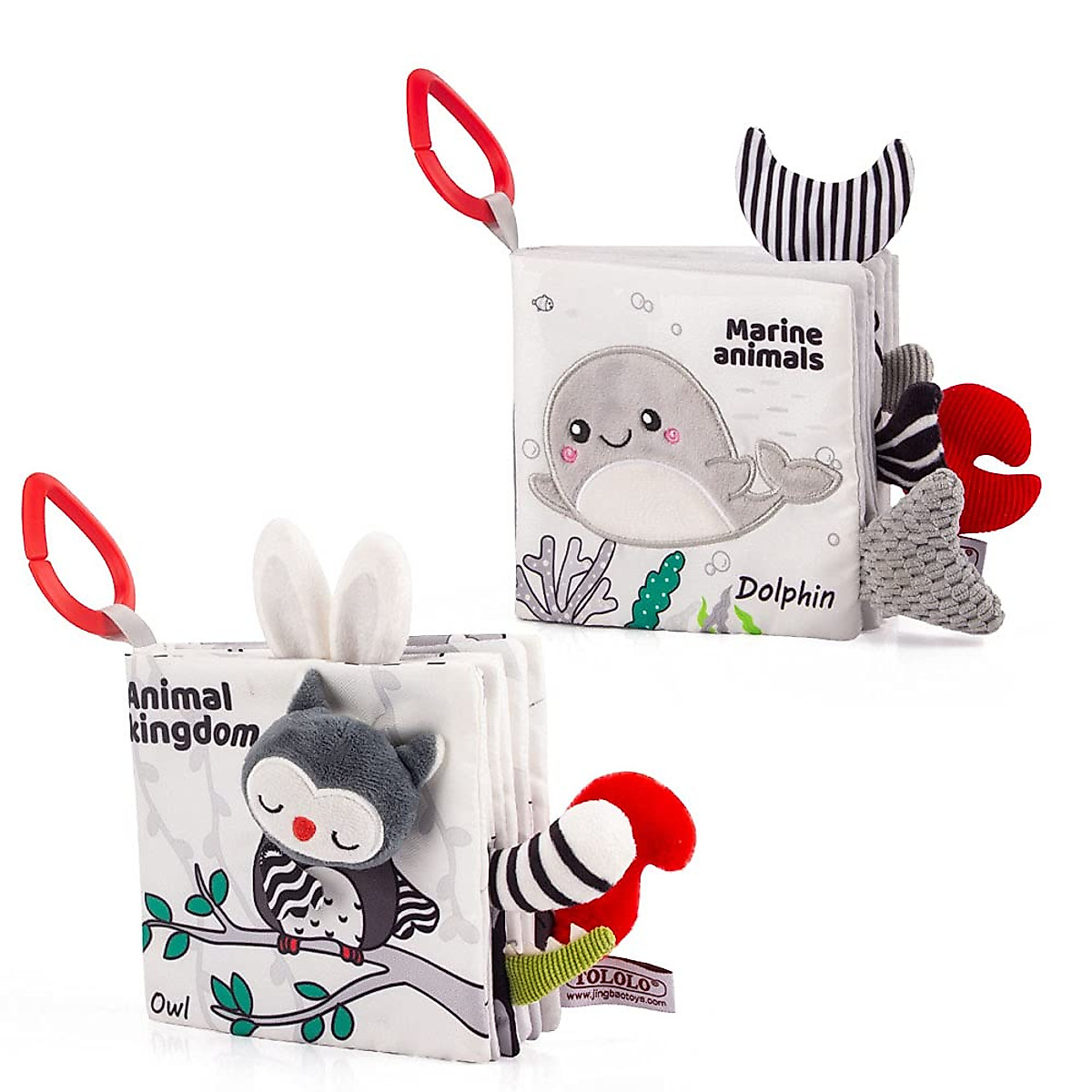 D-KINGCHY Baby Cloth Book Toy, Black and White Crinkle Tails Cloth Activity Books, Interactive Hanging Stroller Books for Newborn Infant, Early Development Toys with Sound for 0-2 Years Old