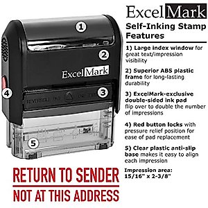 ExcelMark Return to Sender NOT at This Address Self Inking Rubber Stamp - Red Ink (A2359) - Large Size (Stamp Plus 5cc Refill Ink)