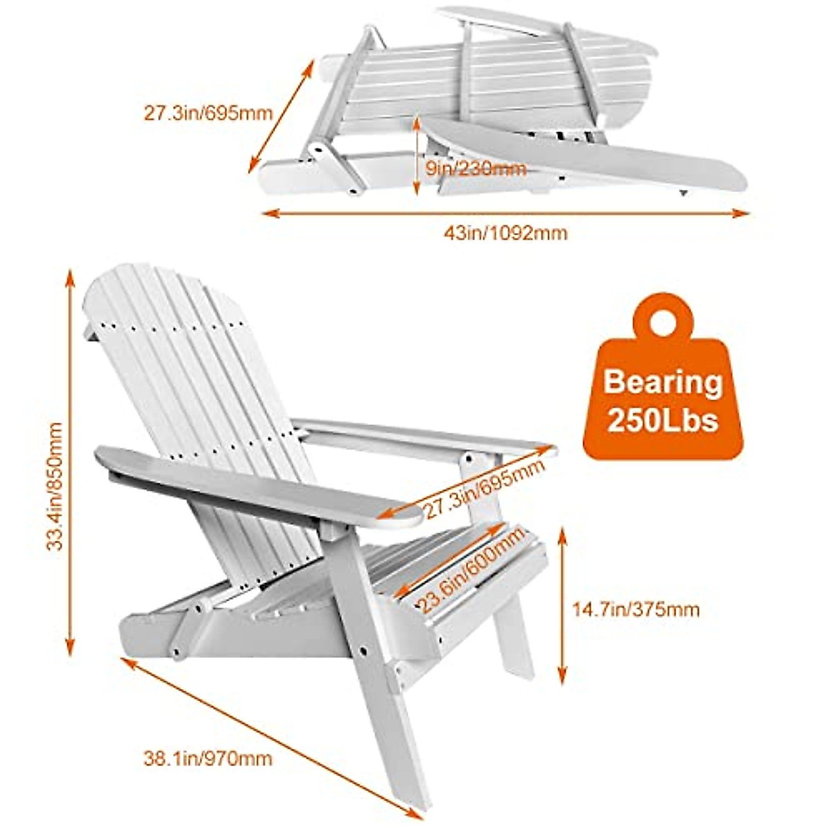 Adirondack Chair Weather Resistant Patio Chairs Folding Outdoor Chair w/Long Arms Solid Wooden Heavy Duty Reclining Fire Pit Chair for Deck, Lawn, Backyard, Garden Set of 2- White