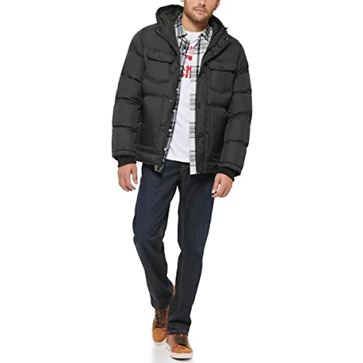 Levi's Men's Performance Hooded Puffer Trucker Jacket (Regular & Big & Tall Sizes), Black Solid, XL