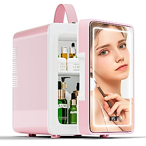 BOGDA 4L Mini Skincare Fridge with Dimmable LED Light Mirror, Cooler and Warmer Temperature Control Digital Display, Portable Cosmetic Refrigerator for Makeup, Skin Care, Bedroom Office Car, Pink