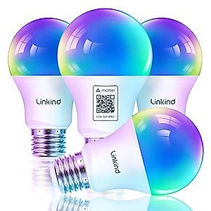 Linkind Matter Smart Light Bulb, Smart Bulbs Work with Apple Home/Siri/Alexa/Google Home/SmartThings, LED RGBTW Color Changing Bulbs Music Sync, Smart Home, A19 E26 60W 800LM, 2.4Ghz WiFi Only, 4 Pack