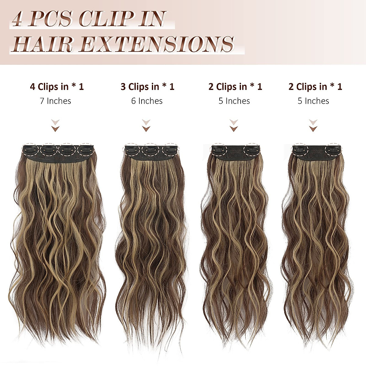FESHFEN Clip in Hair Extensions 4 PCS Long Wavy Thick Highlighted Hair Piece Clip in Extensions Synthetic Hair Extension for Women, Blonde Highlighteded Medium Brown 20 Inch