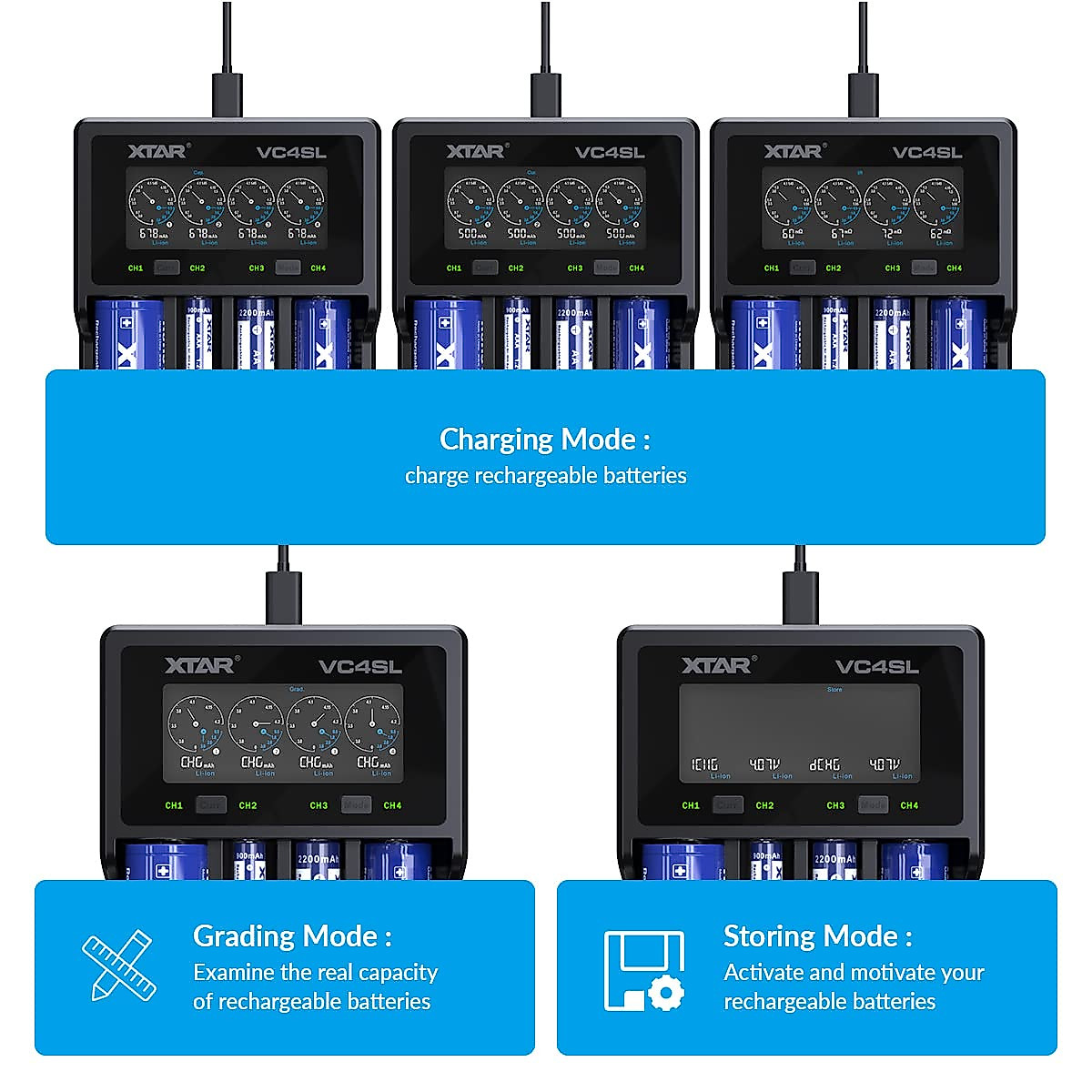 XTAR VC4SL Battery Charger,Included QC3.0 Adapter Charge Liion and Ni-MH Battery at a time 3A Fast Charger, 4 Bay Rechargeable Battery Charger 1.2V Ni-MH Package Not Included Any Battery