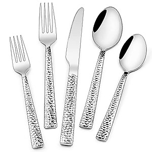 Hammered Silverware Set, 40-Piece Stainless Steel Square Flatware Set for 8, Food-Grade Tableware Cutlery Set, Utensil Sets for Home Restaurant, Mirror Finish, Dishwasher Safe