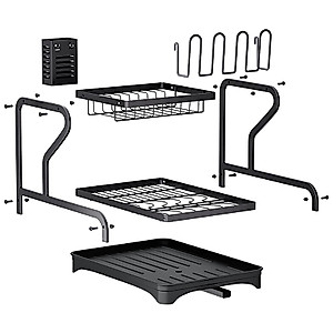 LIMORUNS 2 Tier Dish Rack Dish Drying Rack with Drainboard, Dish Drainer Rack with Utensils, Rustproof Large Black Dish Holders for Kitchen Counter Escurridor De Platos para Fregadero Father's Gift