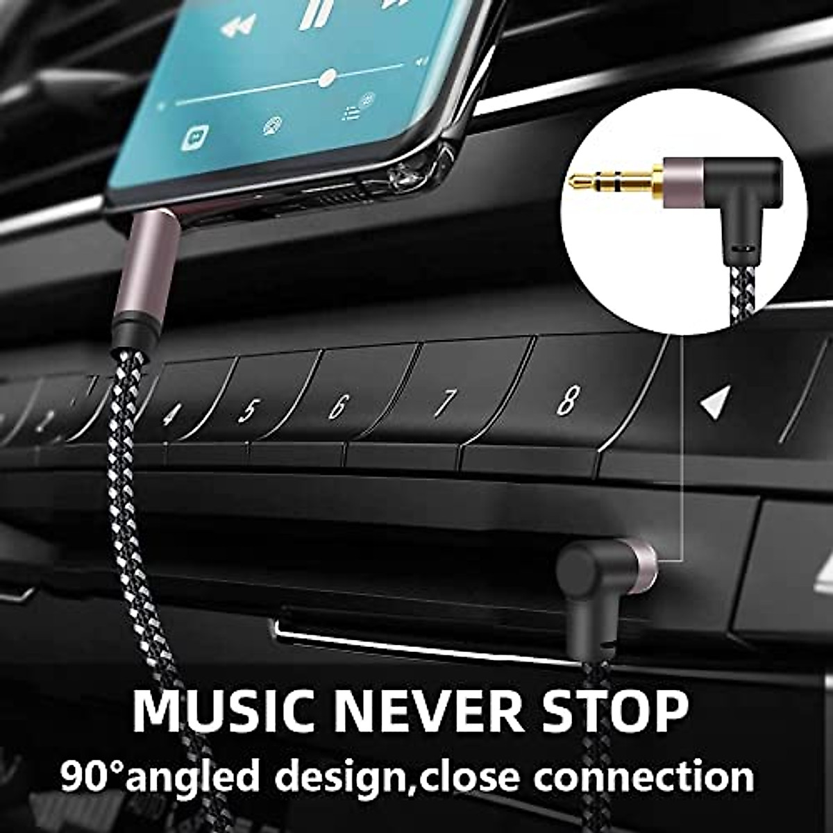 3.5mm Audio Cable 20FT, 90 Degree Right Angle 3.5mm(1/8" TRS) Male to Male Auxiliary Stereo Cable Gold Plated Nylon Braid HiFi Audio Cord for Car, Headphone,iPhones, Tablets