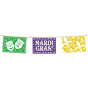 Beistle Weather Plastic Picado Style Pennant Banner Mardi Gras Photography Background Party Decorations New Orleans Hanging Décor, 8" x 12', Green/Yellow/Purple