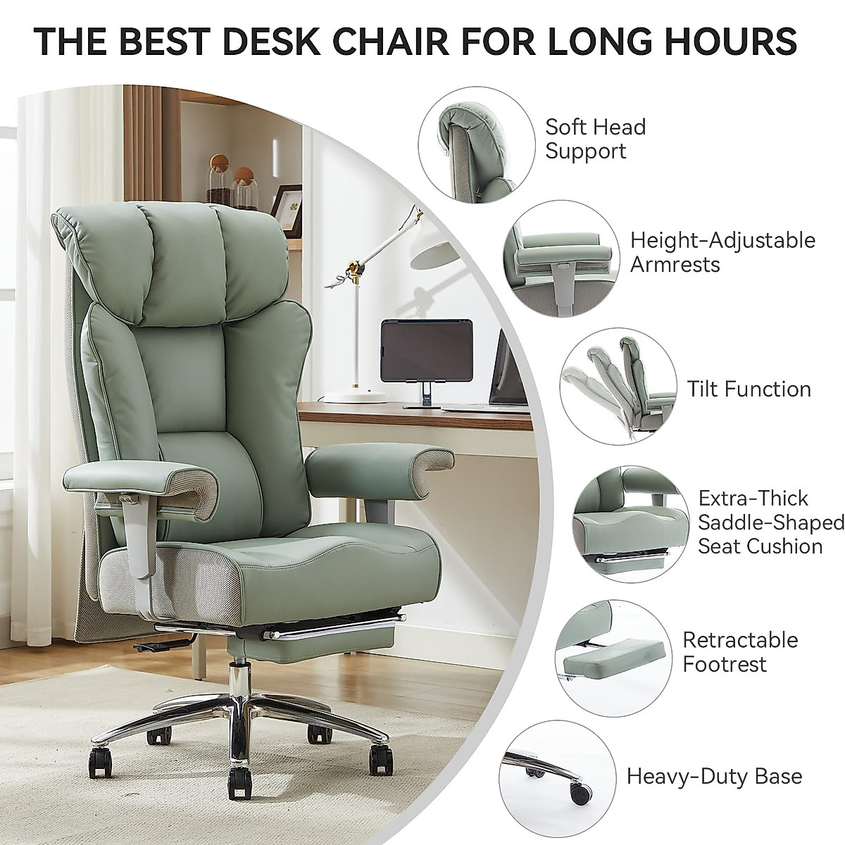 Efomao Big and Tall Office Chair 450lbs, Ergonomic Office Chair, Executive Office Chair for Heavy People, Computer Chair with Foot Rest, High Back Office Chair, PU Leather Green Office Chair