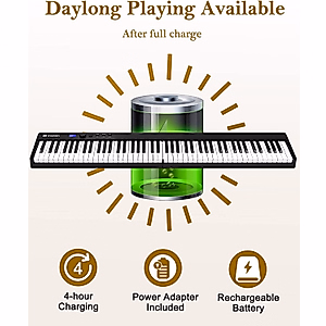 Folding Piano, Portable 88 Key Full Size Foldable Keyboard Piano Semi-Weighted Bluetooth with Light up Keys, Sustain Pedal and Handbag, Black, by Vangoa