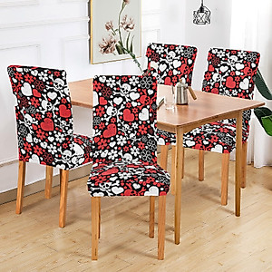 Red Skulls Flowers Hearts Dining Chair Covers Set of 2 Spandex Stretch Chair Slipcovers for Home Party Hotel Wedding