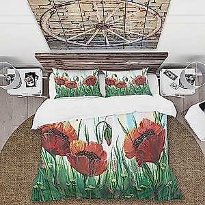 DESIGN ART Designart 'Red Bright Poppy Flowers On A Green Meadow' Traditional Duvet Cover Comforter Set Full/Queen Cover + Comforter + 2 Shams 4 Piece