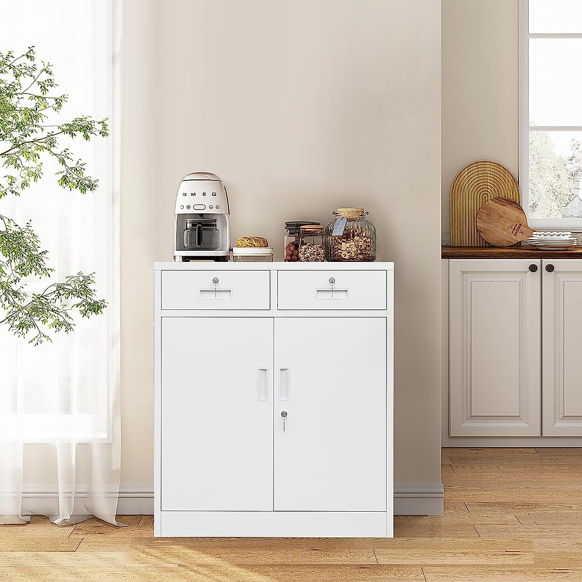 TaskStorz Metal Garage Storage Cabinets，Metal File Cabinet with 2 Locking Drawers, Lockable Storage Cabinets for Office, Home, Garage, Warehouse 36.2" H x 31.5" W x 15.7" D (White)