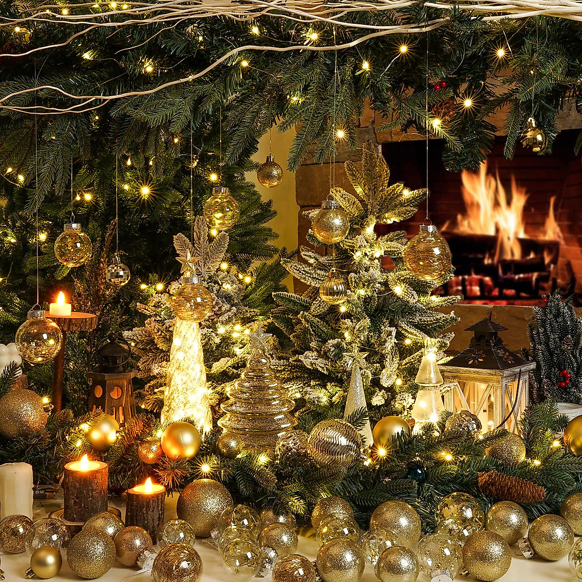 SLK Ornaments Shatterproof, 32 Counts Xmas Plastic Clear Christmas Balls Hanging Tree Glittering Balls with Stuffed Decorations Multi Size Gold