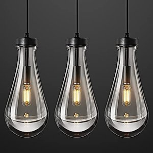 LIANGMH Raindrop Pendant Lights Kitchen Island Set of 3 Teardrop Black Hanging Light Fixtures Clear Solid Glass Pendant Light Modern Chandeliers for Dining Room Porch Corridor Living Room