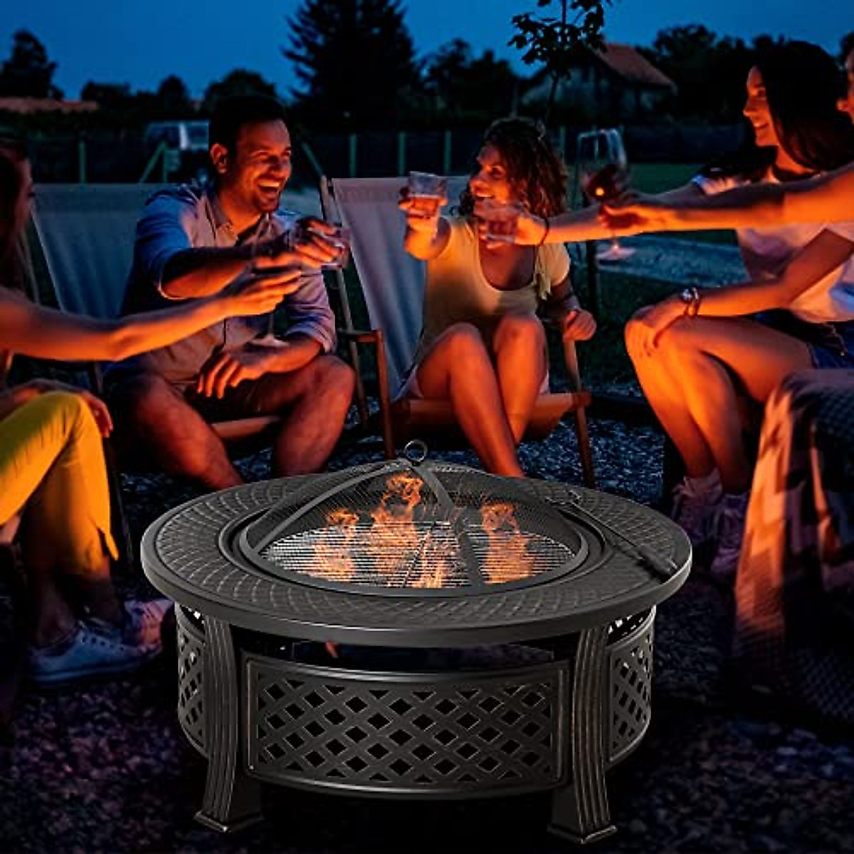 Outsunny 32" Outdoor Fire Pit Grill & Ice Bucket Table, Portable Steel Wood Burning Bowl, Cooking Grate, Poker, Rain Cover, Spark Screen Lid