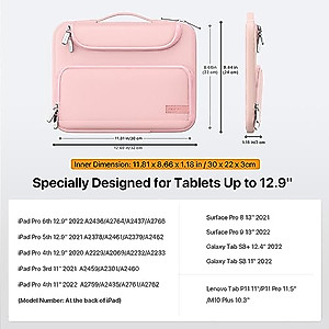MoKo 12.9 Inch Laptop Sleeve Case Fits iPad Pro 12.9 M2 2022/2021/2020, Galaxy Tab S9+ 12.4 2023, Surface Laptop Go 12.4, Waterproof Polyester Bag with Double Pockets, Retractable Handle, Pink