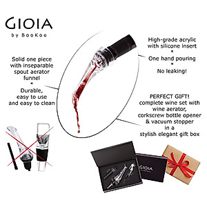 GIOIA Wine Aerator Pourer Set: Premium Wine Decanter Spout with Vacuum Stopper Pump and Corkscrew, Home Essentials in Stylish Gift Box