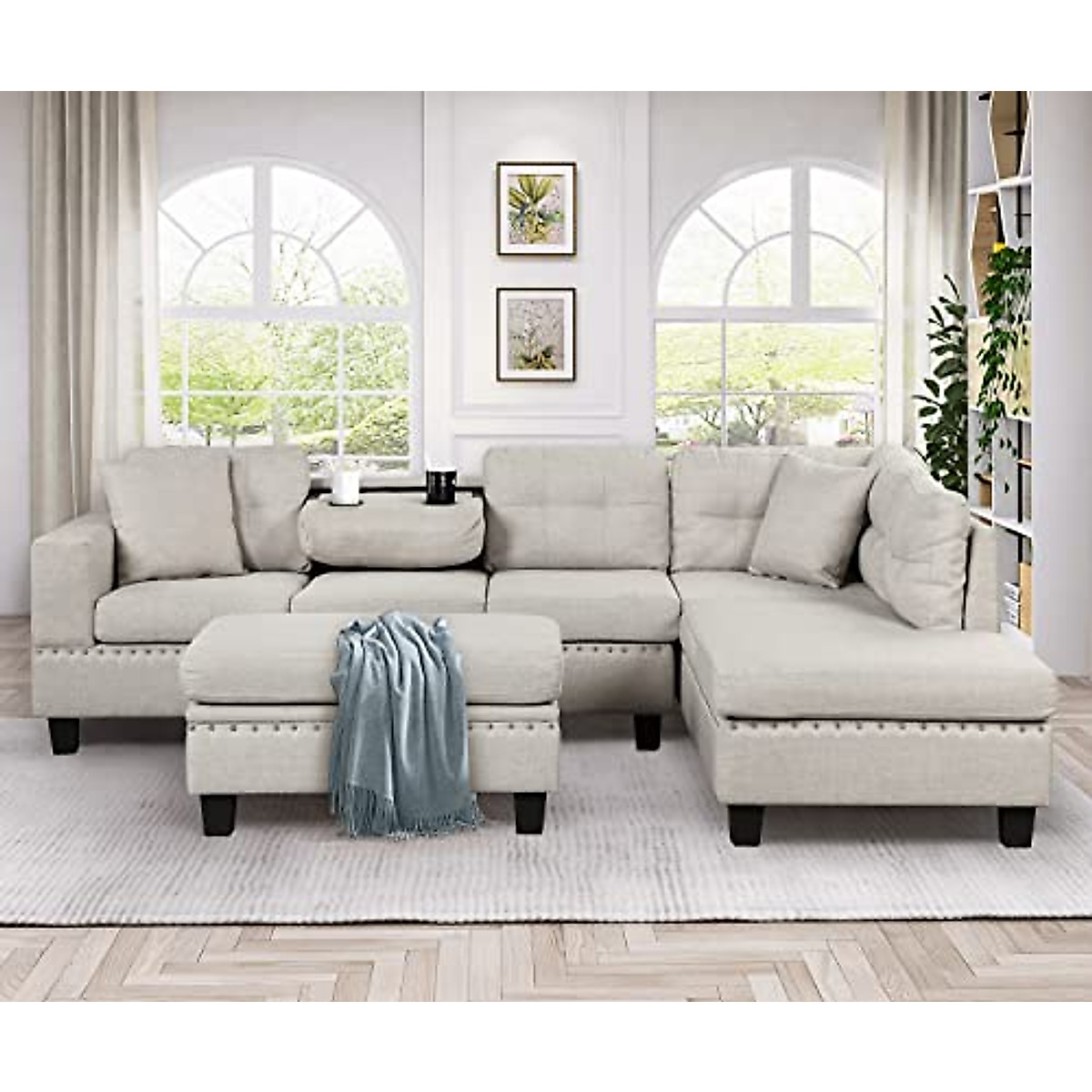 Eafurn L Shaped Sectional Reversible Chaise and Drop Down Table & Cupholders, Upholstery Corner Storage Ottoman, Tufted Convertible Sofa & Couch for Living Room Furniture Set, Gray