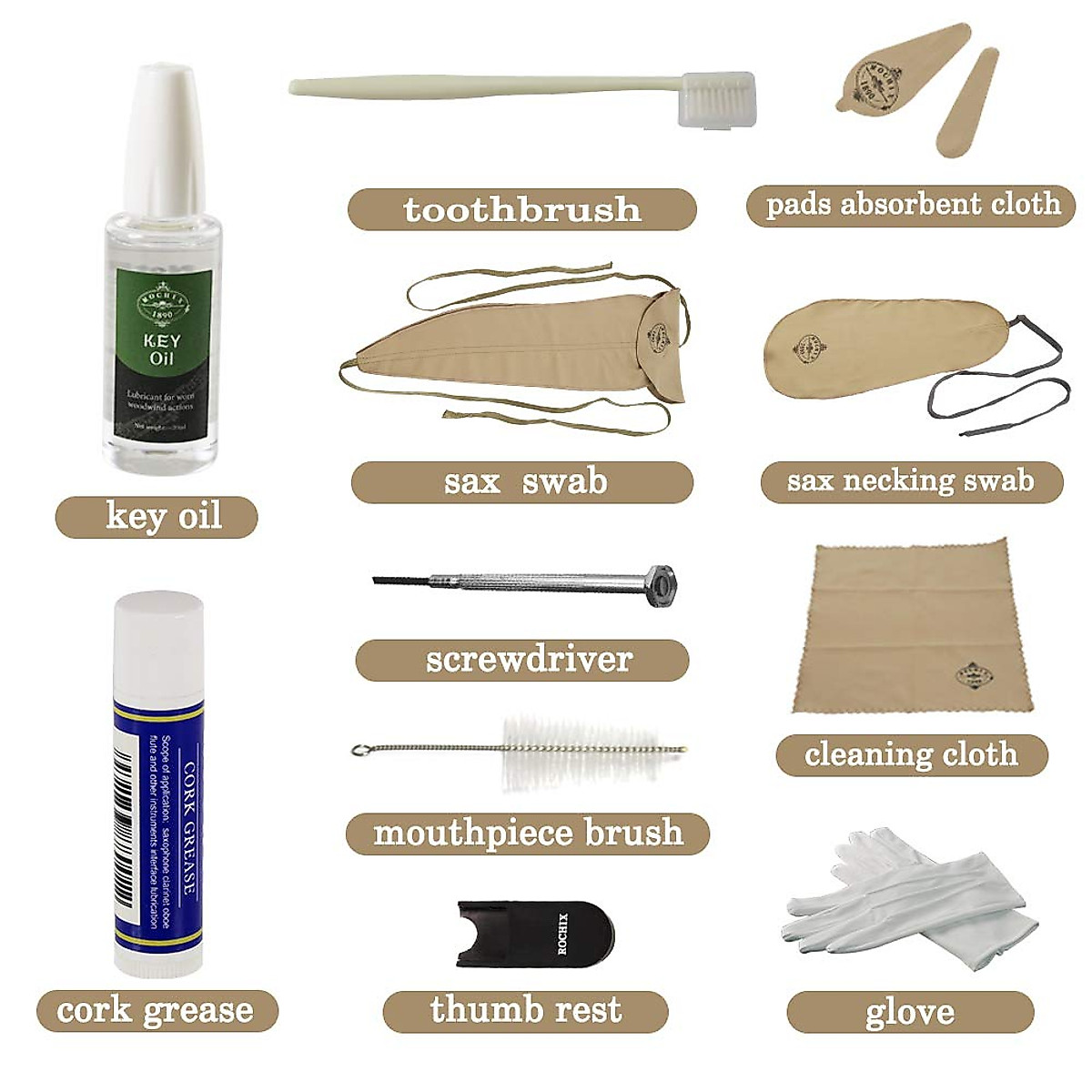 Saxophone Sax Cleaning and Maintenance Cleaner Care Kit with Key Oil, Cork Grease, Swab, Cleaning Cloth, Thumb Rest, Mouthpiece Brush, and More in Khaki