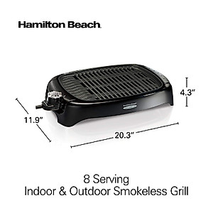 Hamilton Beach Electric Indoor, 100 sq. in. Surface Serves 8, Virtually Smokeless Grilling, Adjustable Temperature Control to 450F, Dishwasher Safe Removable Nonstick Plates, Black (31605N)