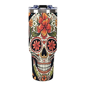 HJUQNGF 40 Oz Personalized Tumbler with Handle And Straw Colorful Sugar Skull Stainless Steel Insulated Tumblers Reusable Car Thermal Cup Travel Coffee Mug for Women Men