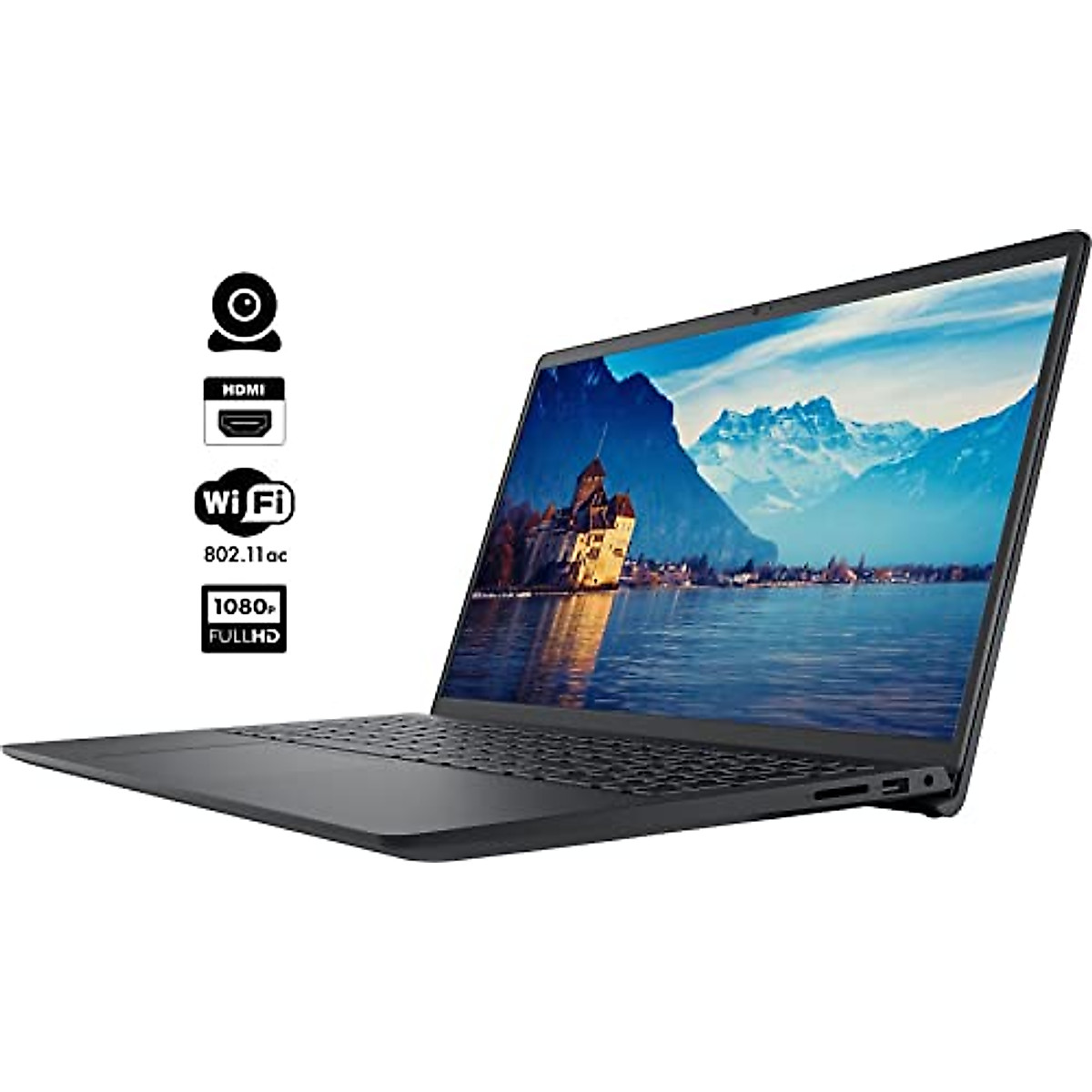 Dell Inspiron Laptop, 15.6" HD Display, AMD Ryzen 5 3450U Processor, 16GB RAM, 1TB SSD, Webcam, HDMI, SD Card Reader, Wi-Fi, Windows 11 Home, Carbon Black