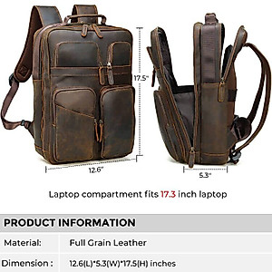 compalo Full Grain Leather Backpack for Men, 17.3 Inch Travel Laptop Backpack Multi Pockets DayPack Rucksack With YKK Zippers