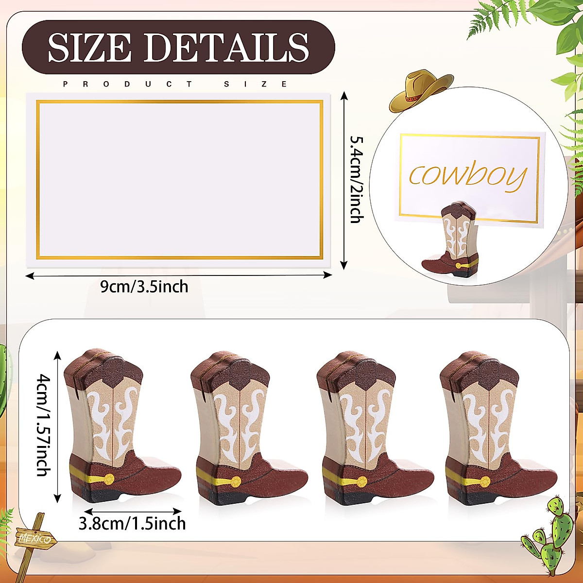 Kigley 18 Pcs Cowboy Boots Wooden Ornaments Place Card Holder and 25 Pcs Gold Foil White Card Cowboy Boots Wooden Table Sign Picture Number Sign Stands Holder for Wedding Party Events (Brown)