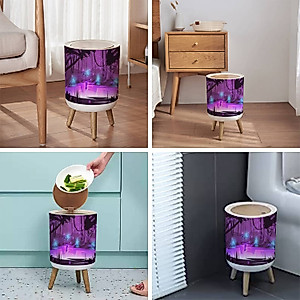 Small Trash Can with Lid for Bathroom Kitchen Office Diaper Magic forest wolves mystery silhouettes river purple light cartoon Bedroom Garbage Trash Bin Dog Proof Waste Basket Cute Decorative
