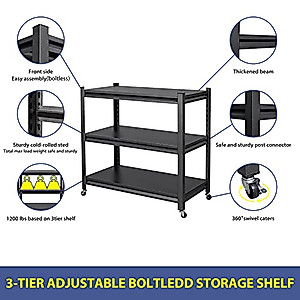 3 Tier Metal Storage Racks with Wheels, Mobile Garage Shelves Unit 17.7" D x 33.9" W x 31.5" H, Rolling Kitchen Racks, for Garage Pantry Home Office