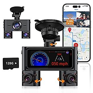 HUPEJOS V7PRO 3 Channel Dash Cam with 5GHz WiFi GPS, 4K Car Camera，128GB Card,4K Front+1080P Left or Right, 1440P+1080P+1080P Dash Camera for Cars, IR Night Vision,24 Hours Radar Detection